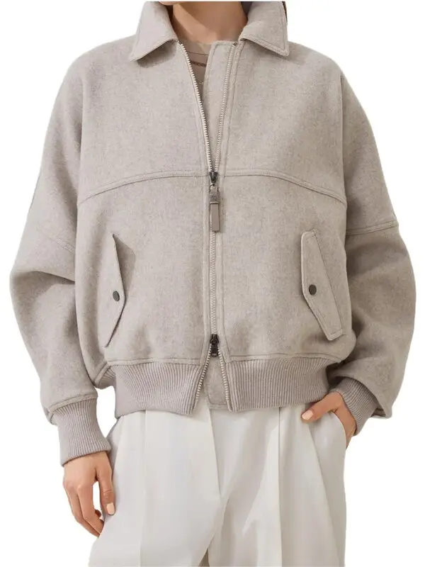 Brunello Cucinelli Zip-up Bomber Jacket With Pearl Accents - Cold Beige