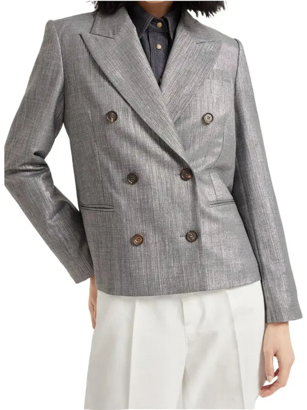 Brunello Cucinelli Lamé-effect Double-breasted Blazer - Gray
