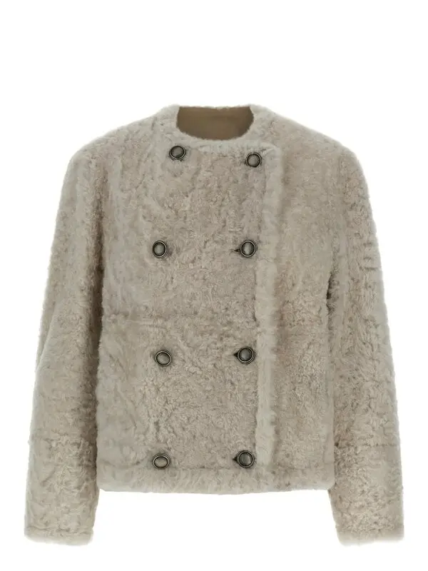 Brunello Cucinelli Fuzzy Shearling Reversible Cropped Pea Coat - Beige