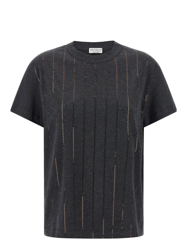 Brunello Cucinelli Dazzling Chalk Stripe Embroidered T-shirt - Black