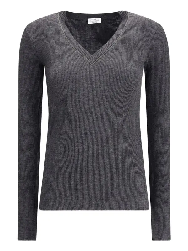Brunello Cucinelli Shiny Trim Ribbed V-neck Top - Dark Gray