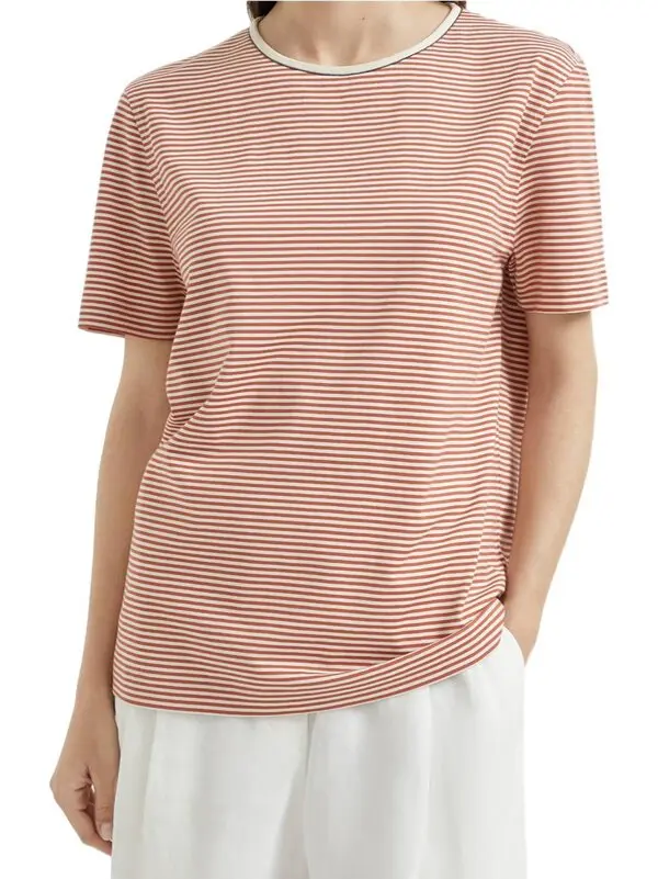 Brunello Cucinelli Striped Jersey T-shirt With Shiny Neck Detail - Nude