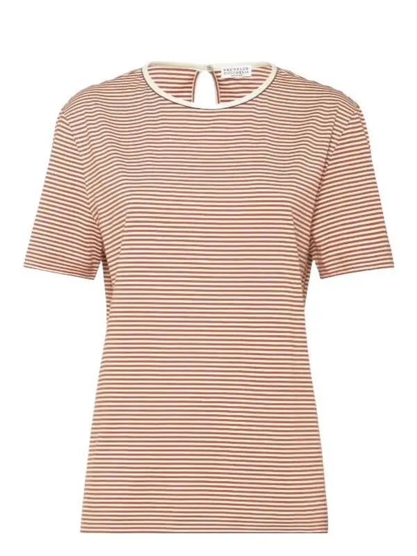 Brunello Cucinelli Striped Jersey T-shirt With Neck Detail - Red