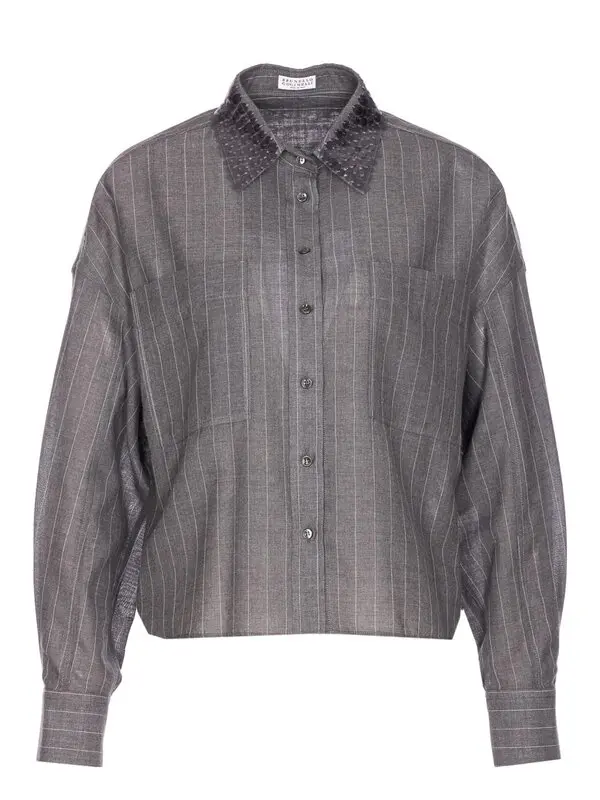 Brunello Cucinelli Embellished Striped Shirt - Gray
