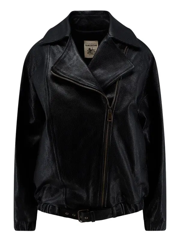 SEMICOUTURE Oversize Textured Leather Jacket With Belt - Black