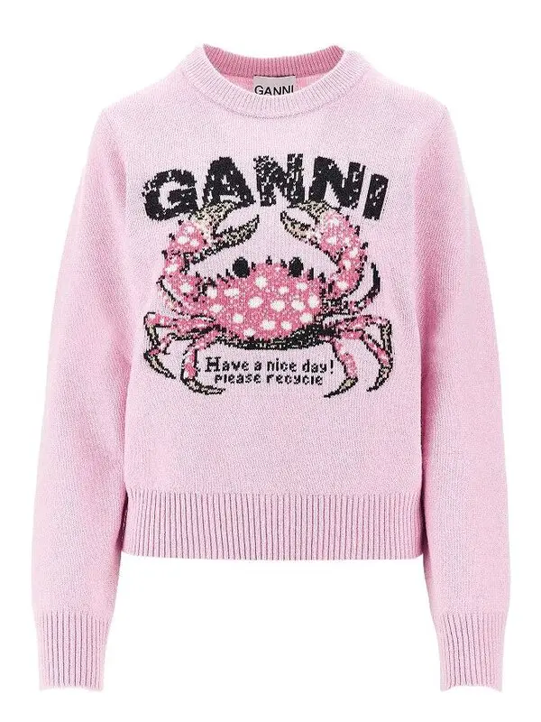 GANNI Crab Motif Wool-blend Sweater - Pink
