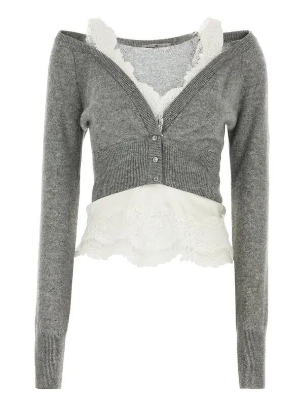 Ermanno Scervino Two-tone Cashmere And Stretch Silk Top With Lace Inserts - Grey