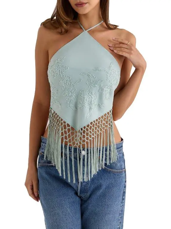 House Of Cb Sareena Embellished Fringe Halter Top - Jade