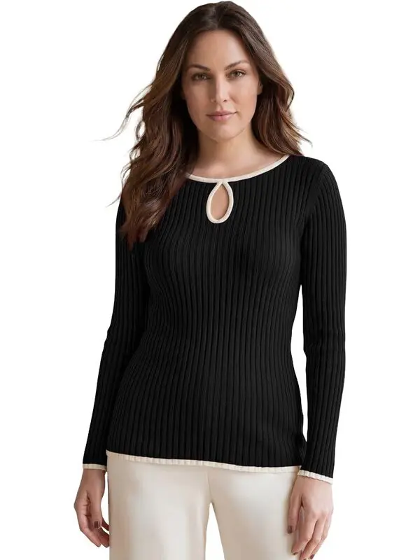 JESSICA LONDON Ribbed Keyhole Pullover Sweater - Black
