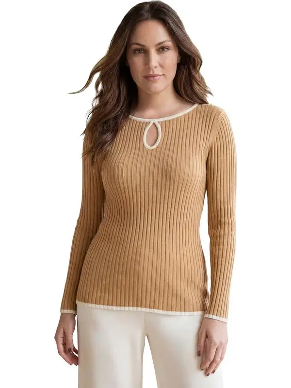 JESSICA LONDON Ribbed Keyhole Pullover Sweater - Soft Camel
