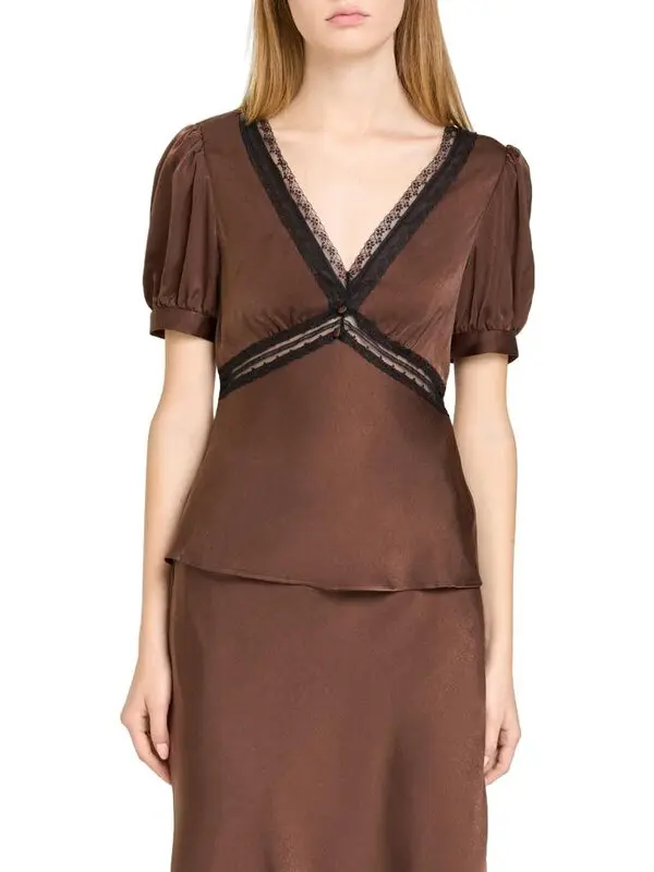 WAYF Felicity Lace Trim V-neck Puff Sleeve Satin Top - Chocolate
