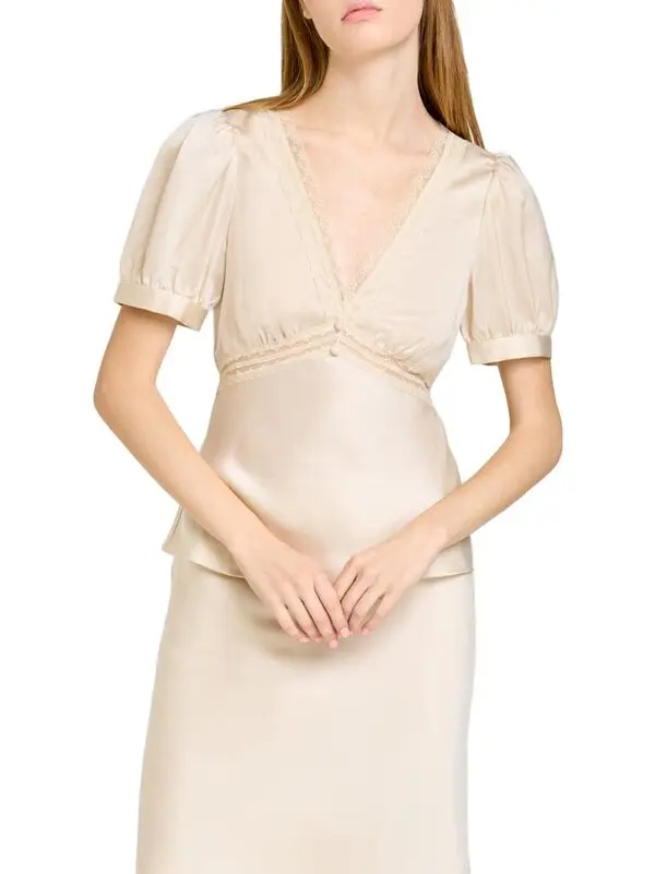 WAYF Felicity Lace Trim V-neck Satin Top - Cream