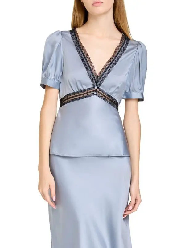 WAYF Felicity Lace Trim V-neck Satin Top - Slate