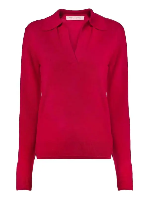 Carolina Herrera Fine Knit V-neck Polo Sweater - Red
