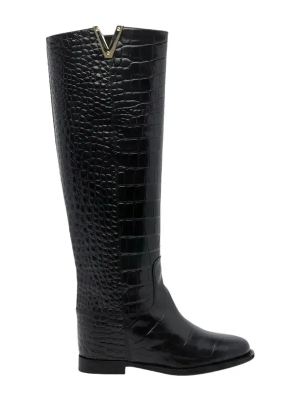 VIA ROMA 15 Croc-effect Knee-high Leather Boots - Black