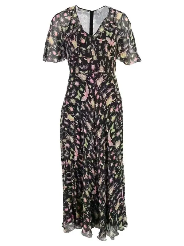 Red Valentino Insect-print Silk V-neck Midi Dress - Black