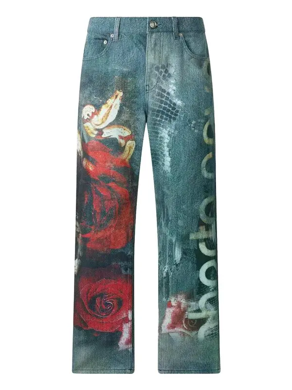 Roberto Cavalli Rose-print Cotton Jeans - Blue