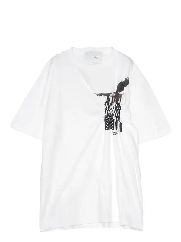 YOSHIOKUBO Eagle Print Gathered T-shirt - White