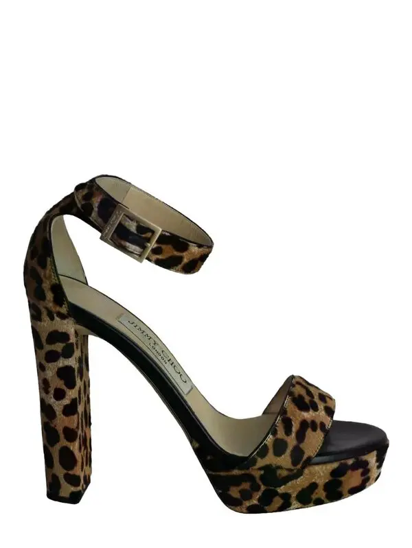 JIMMY CHOO Leopard Print Platform Sandals With Buckle Ankle Strap - Neutrals