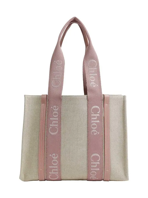 Chloé Woody Tote Bag In Linen And Calfskin - Beige