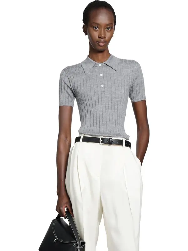 TOTEME Ribbed Cashmere Silk Polo Top - Grey