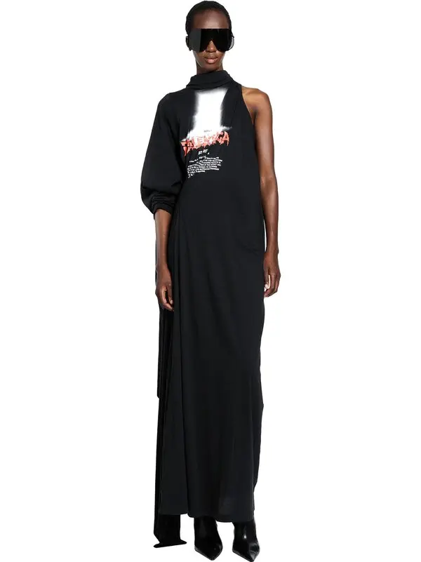 Balenciaga Long Draped Dress With Graphic Logo Print - Black