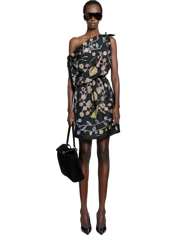 Versace Printed Silk Twill Off-the-shoulder Mini Dress - Black