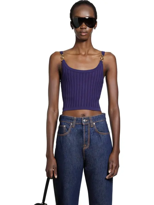 Versace Stretch Viscose Mesh Ribbed Knit Top - Purple