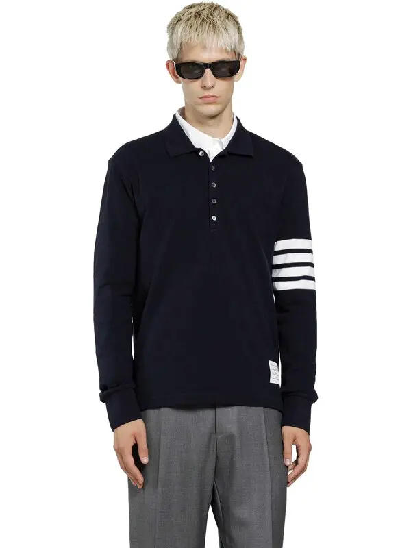 Thom Browne Cotton Piqué 4-bar Long Sleeve Polo - Blue