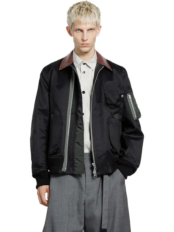 Sacai Cotton Twill Blouson With Leather Collar - Black