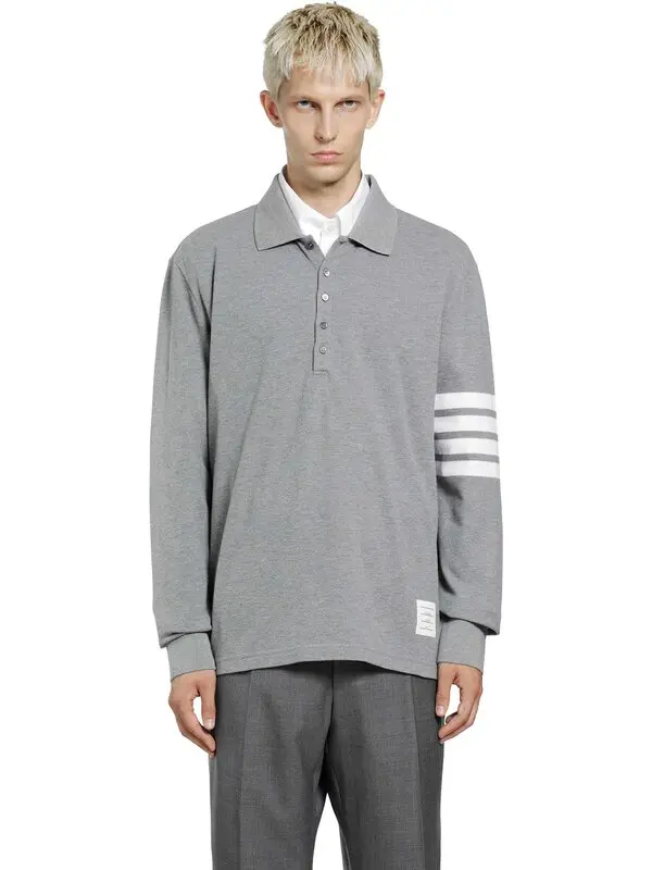 Thom Browne Cotton Piqué 4-bar Long Sleeve Polo - Grey
