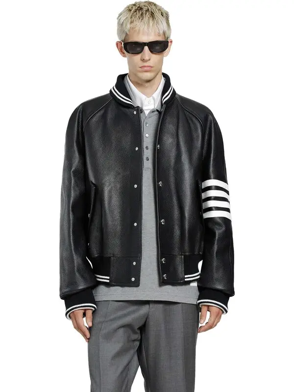 Thom Browne Leather Varsity Bomber With Signature Stripes - Black