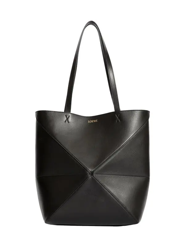Loewe Medium Puzzle Fold Tote In Shiny Calfskin - Black
