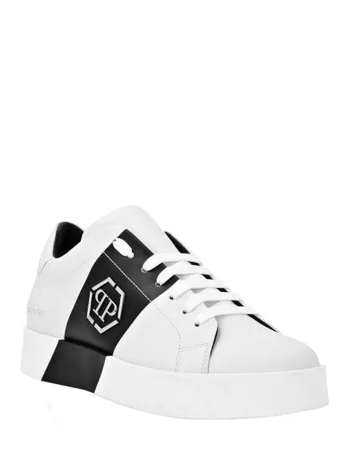Philipp Plein Leather Bicolor Lo-top Sneakers With Hexagon Detail - White/black