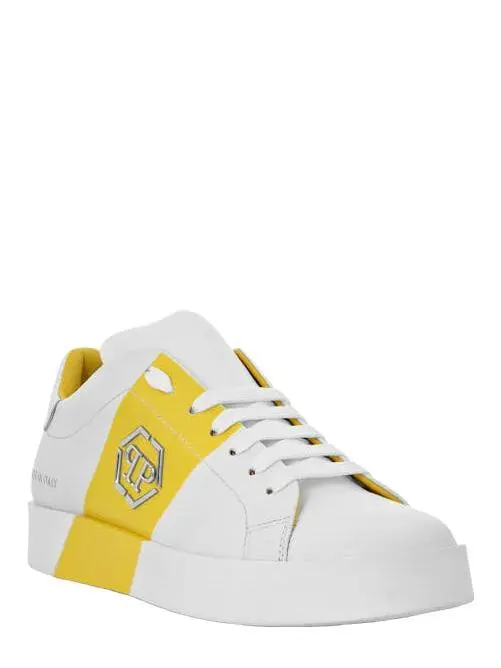 Philipp Plein Leather Bicolor Lo-top Sneakers With Hexagon Detail - White/yellow