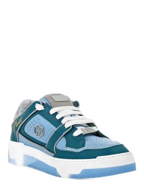 Philipp Plein Hexagon Logo Leather Lo-top Sneakers - Light Blue/grey