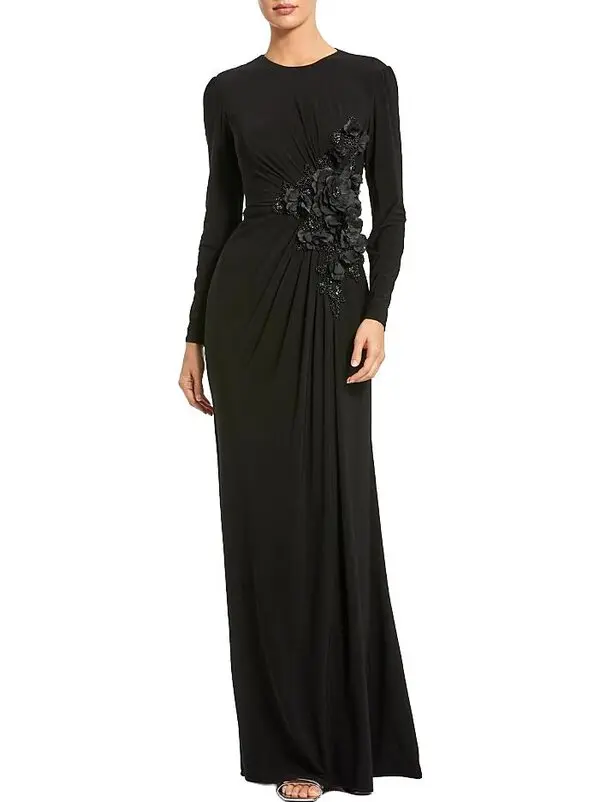 Mac Duggal Long Sleeve High Neck Floral Beaded Gown - Black