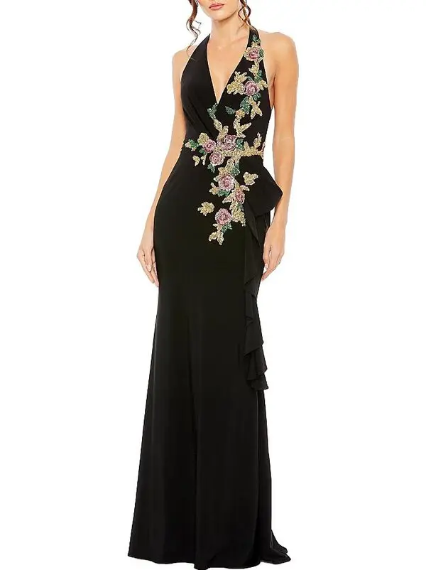 Mac Duggal Halter Floral Embellished Gown - Black