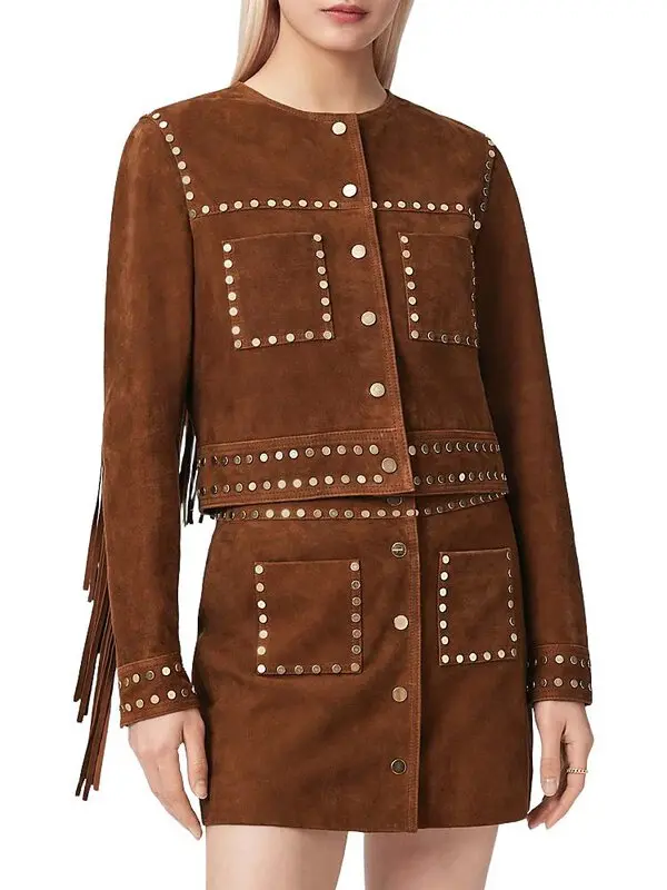ALLSAINTS Alice Suede Trucker Jacket With Studs And Fringe - Cognac Brown