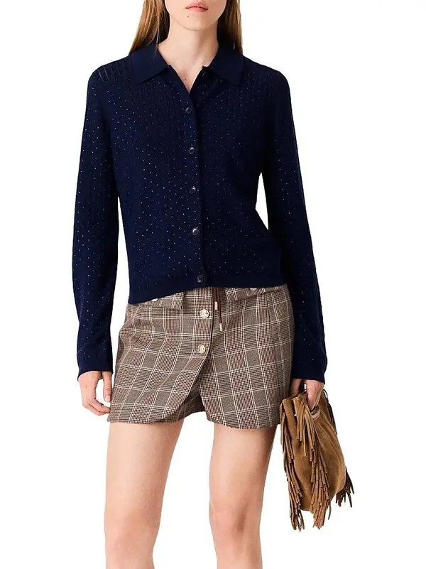 Maje Rhinestone Polo Collar Cardigan - Navy