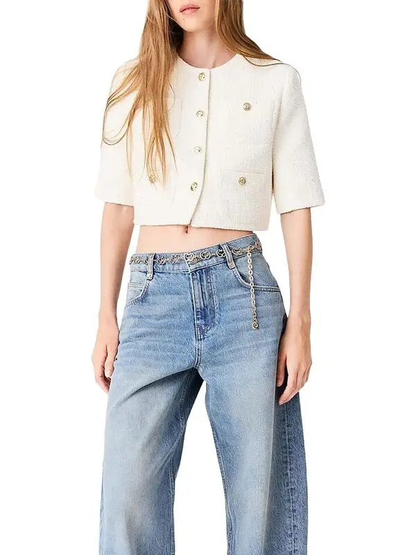 Maje Short Sleeve Tweed Cropped Jacket - Ecru