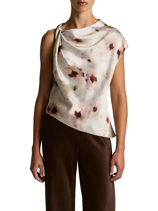Vince Watercolor Floral Satin Twist Shoulder Top - Soft Peony