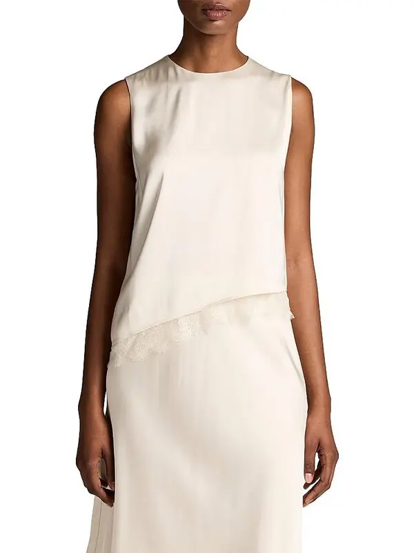 Vince Asymmetrical Lace Trimmed Satin Shell - Creme