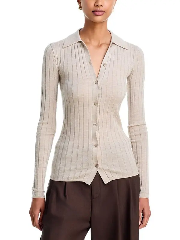TOTEME Slim Rib Knit Collared Top - Oat Melange