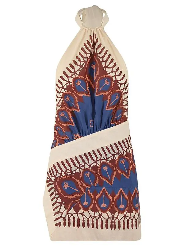 Johanna Ortiz Printed Cotton Halterneck Mini Dress - Ecru Blue