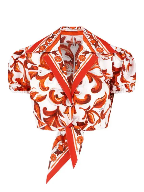 Dolce & Gabbana Printed Tie-front Puff Sleeve Crop Blouse - Multicolor