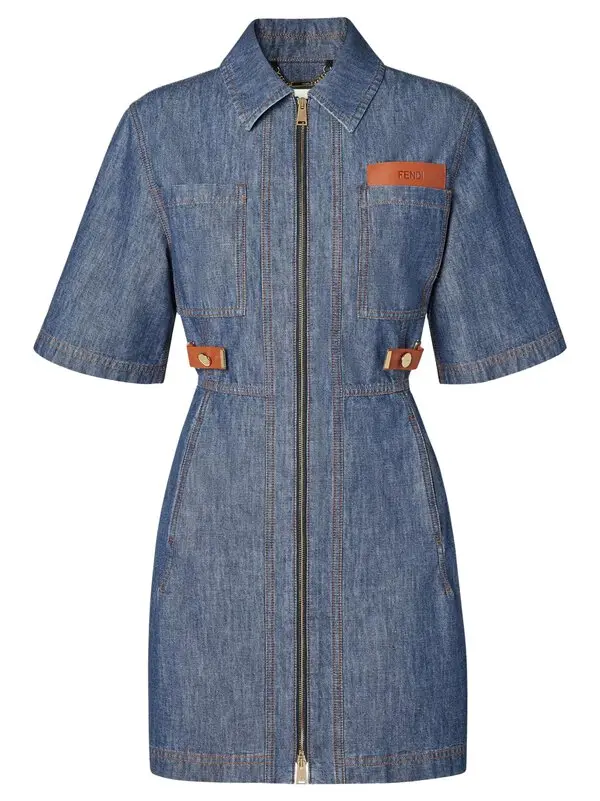 Fendi Short Sleeve Denim Shirt Dress With Leather Details - Navy