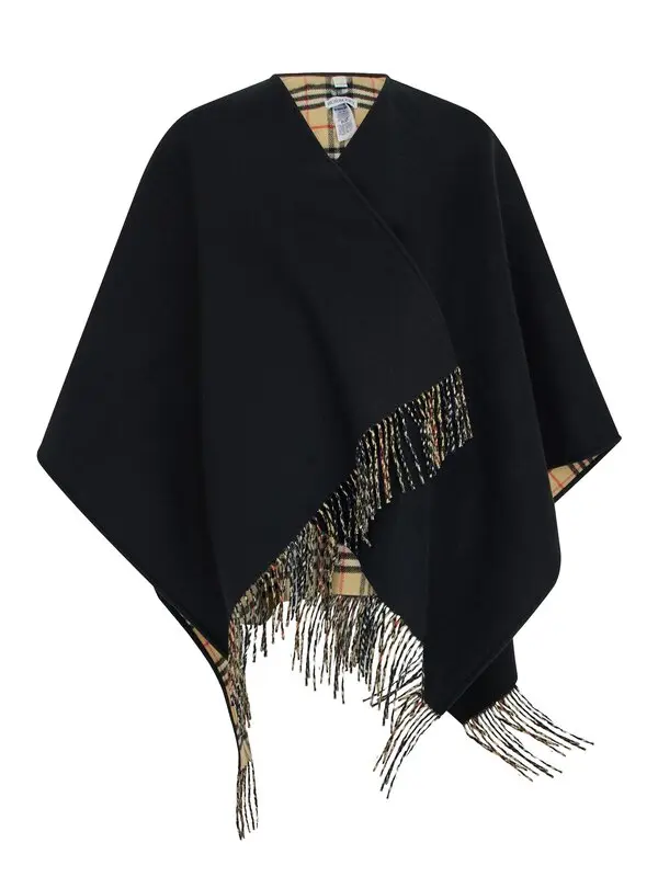 Burberry Wool Cape With Fringed Hem - Black