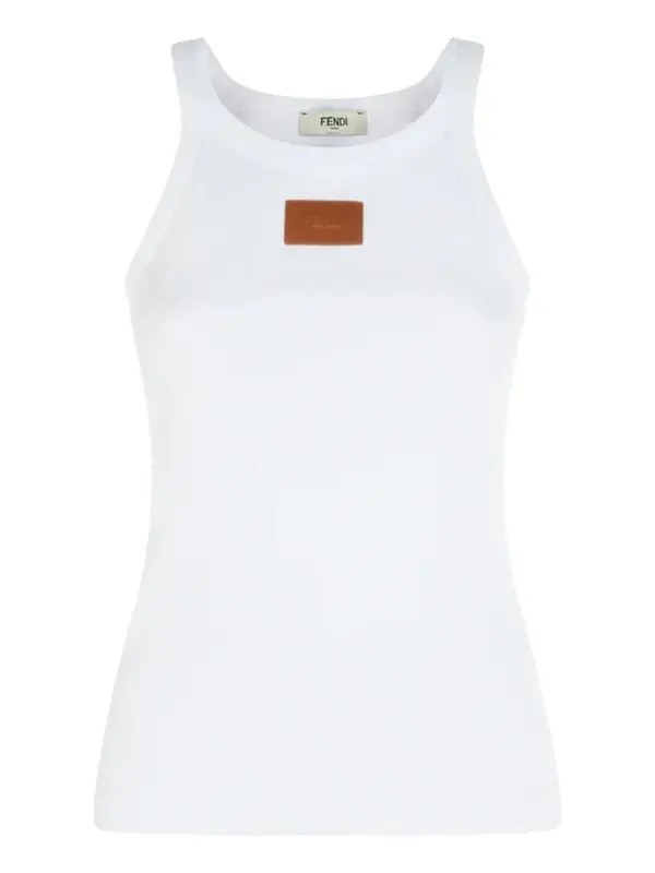 Fendi Crewneck Cotton Blend Top With Leather Logo Patch - White