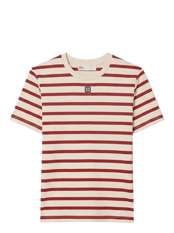 Tory Burch Striped Cotton T-shirt With Logo Detail - Red
